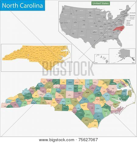Map of North Carolina state designed in illustration with the counties ...