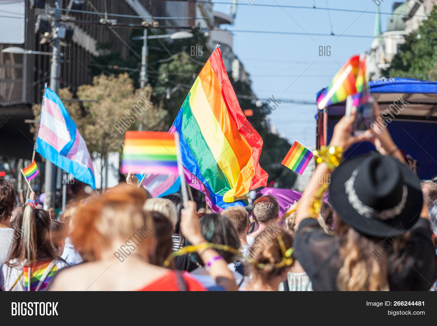 Crowd Raising And Holding Rainbow Gay Flags During A Gay Pride. Trans ...