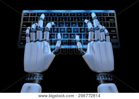Hands Of Ai Robot Typing On Keypad. Robotic Cyborg Hand Using Keyboard Computer. 3d Render ...