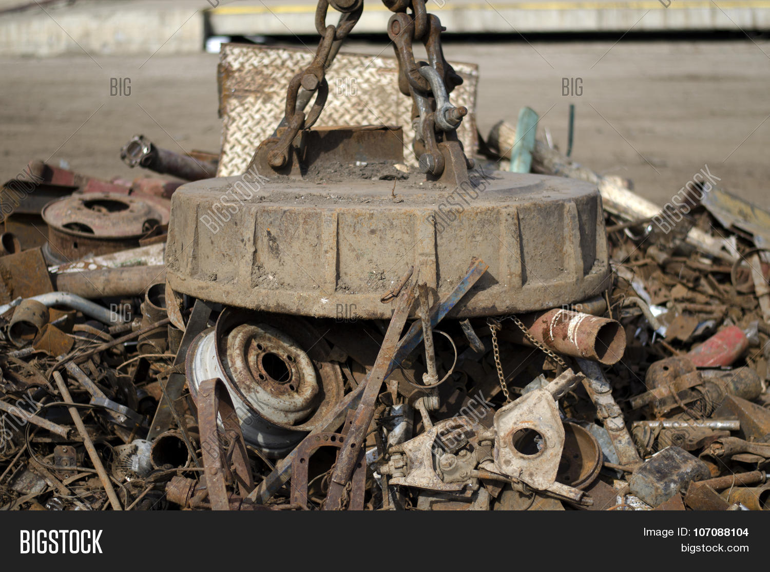 Scrap metal electro magnet image & stock photo. 107088104