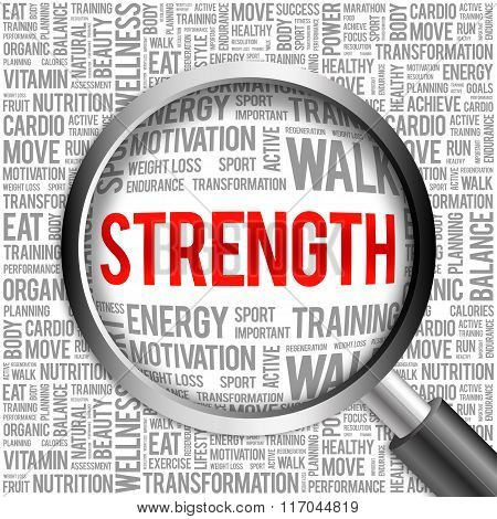 Strength Word Cloud With Magnifying Glass - Stock Image - Everypixel