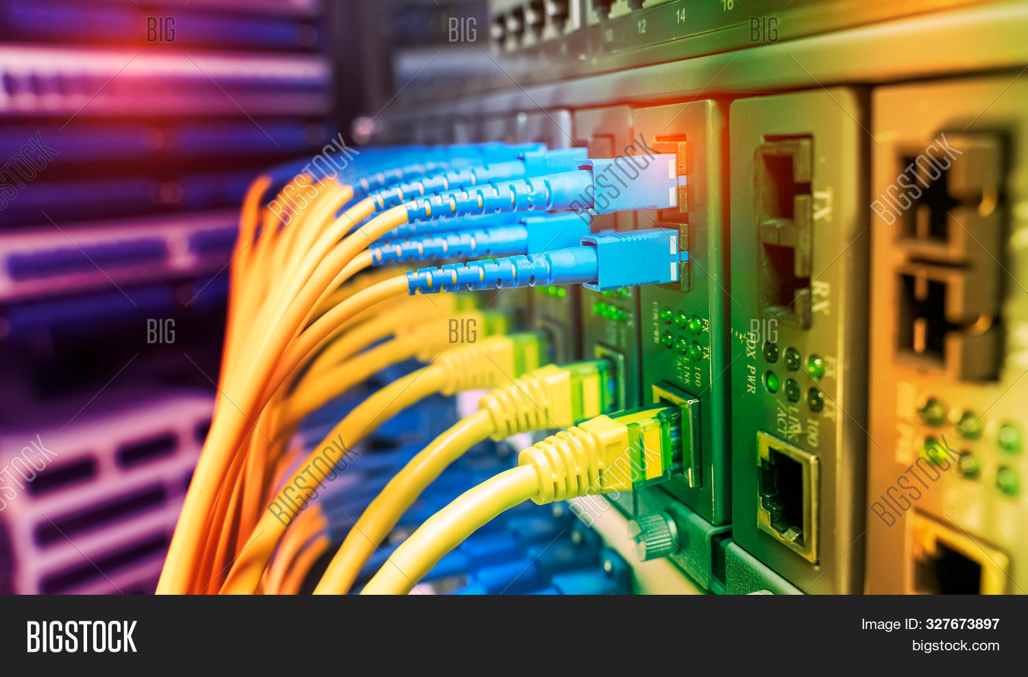 Fiber Optic cables connected to optic ports and UTP, Network cables ...