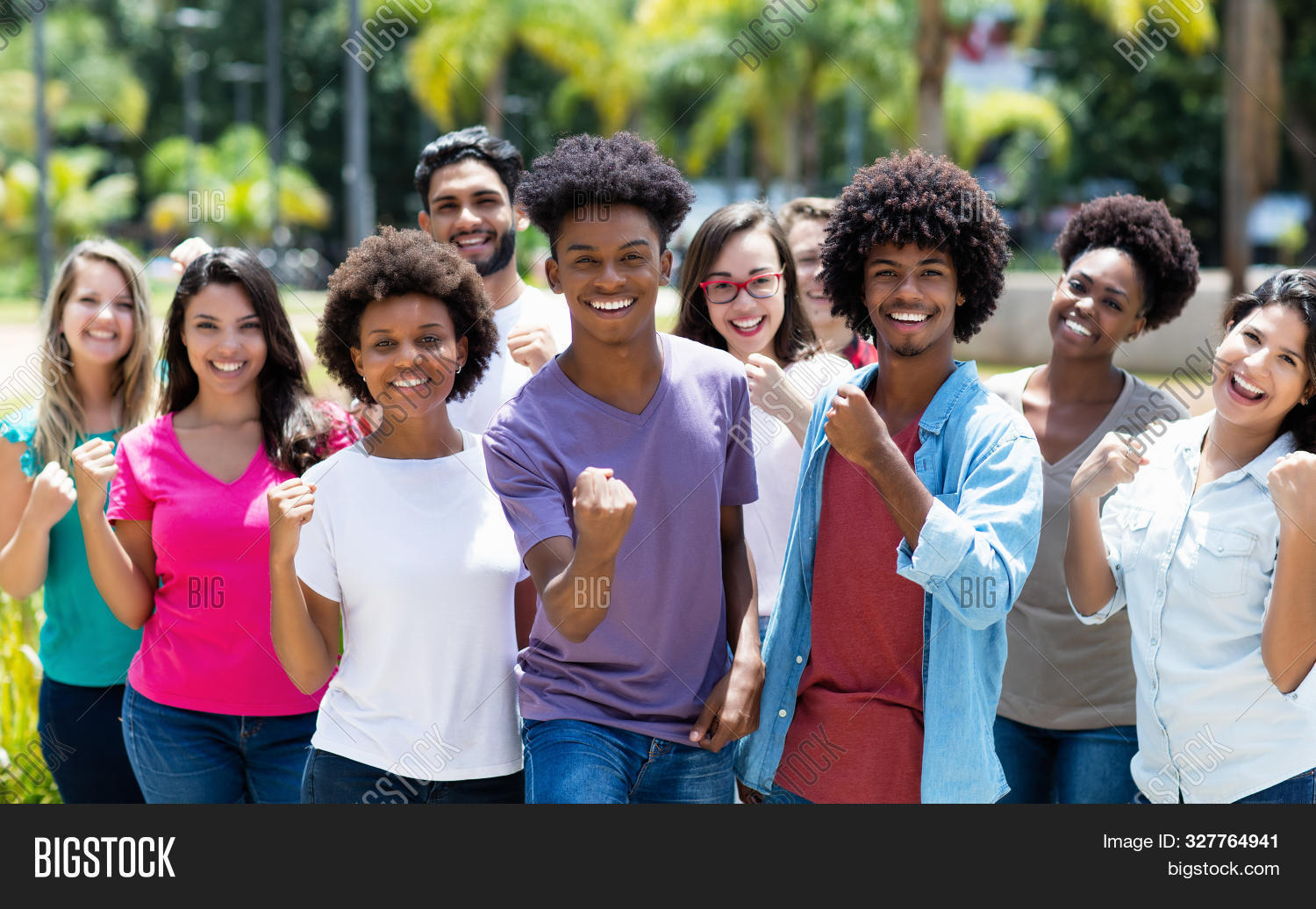 Large Group Of Cheering African American And Caucasian And Hispanic And ...