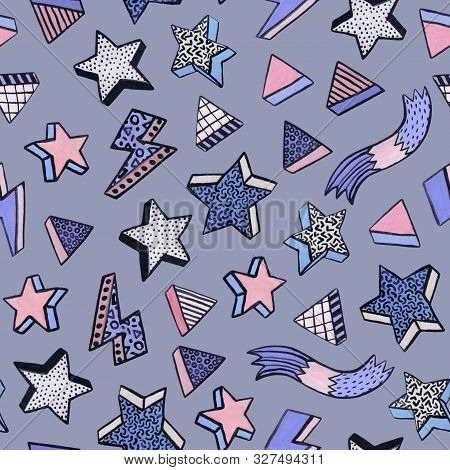Simple Watercolor Seamless Pattern In Minimal Memphis Style With Stars ...