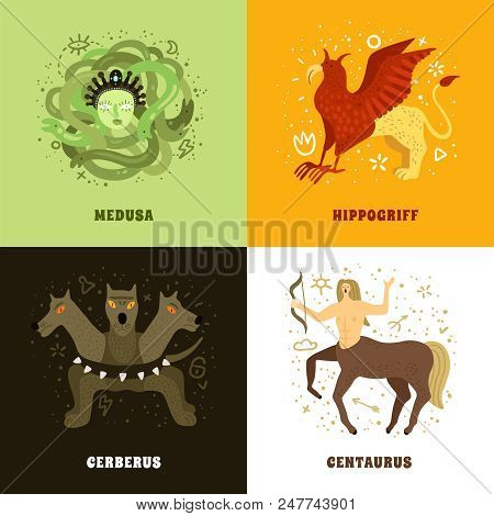 Flat 2x2 Design Concept With Mythical Creatures Such As Medusa ...