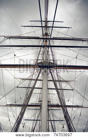 Maritime Naval Rigging of an old merchant clipper, with the spars, mast ...