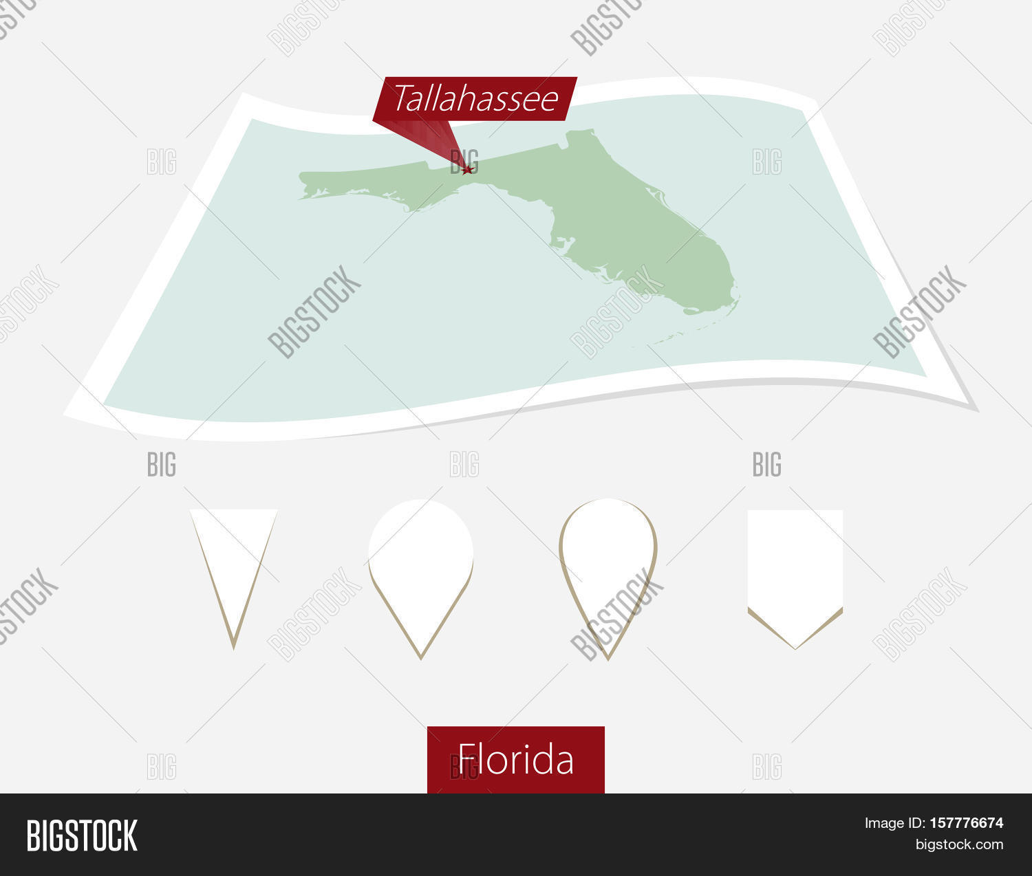 Curved Paper Map Of Florida State With Capital Tallahassee On Gray ...