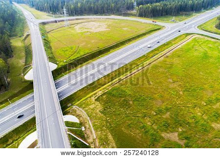 Aerial View Of Highway In City. Cars Crossing Interchange Overpass ...
