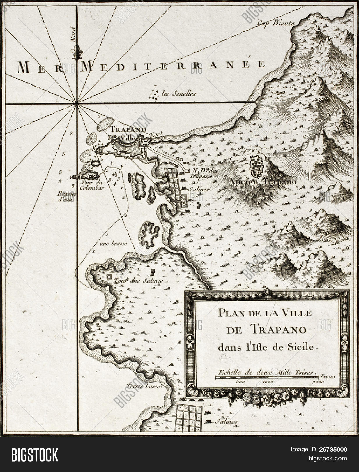 An old map of Trapani and surrounding territories. The original map was ...
