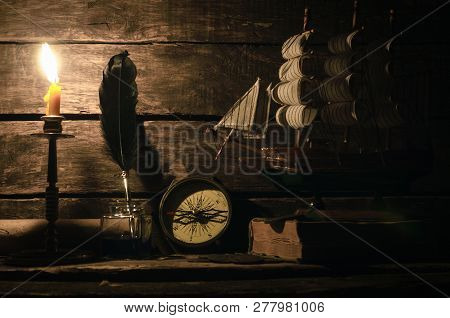 Ancient Scroll Treasure Map, Marine Ship, Compass, Diary Book And Quill ...