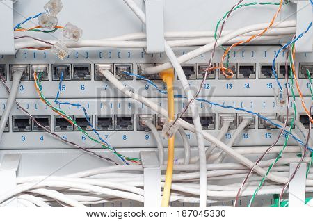 Network LAN cables close-up in the mounted server cabinet. Sloppy ...