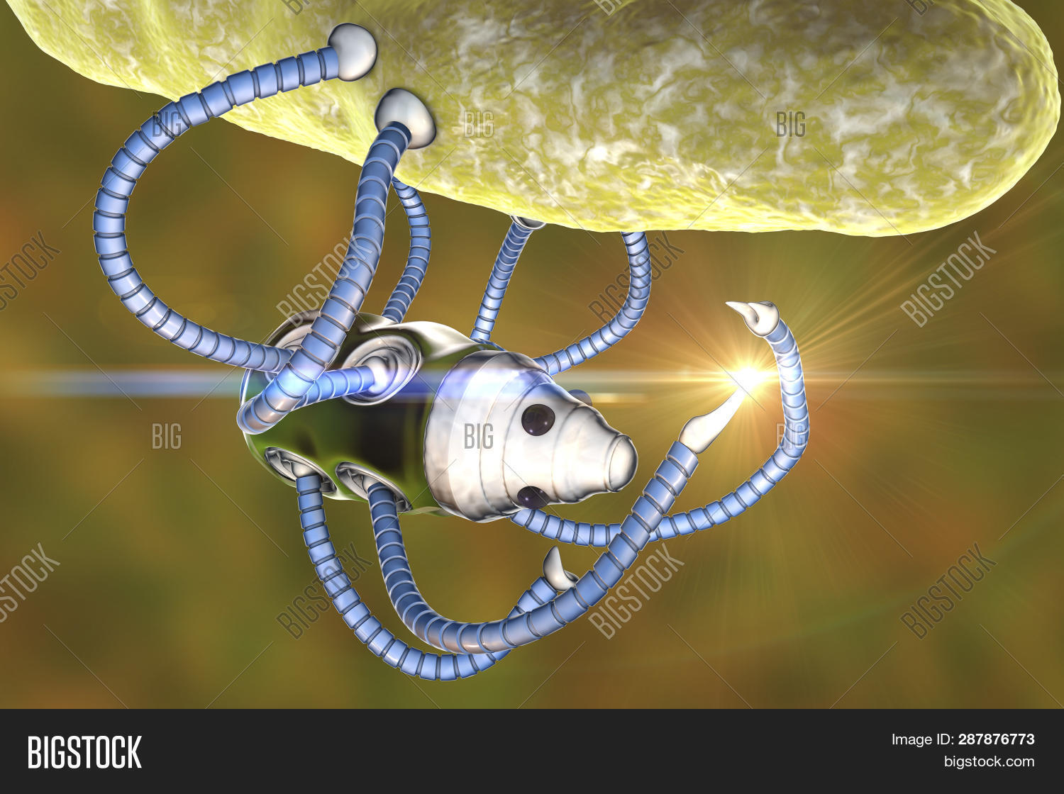 Nanobot Attacking Bacterium, Nanotechnology Medical Concept, 3d ...