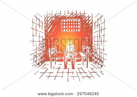 Prisoner Behind Bars, Inmate Sitting On Bed In Jail Cell, Correctional ...