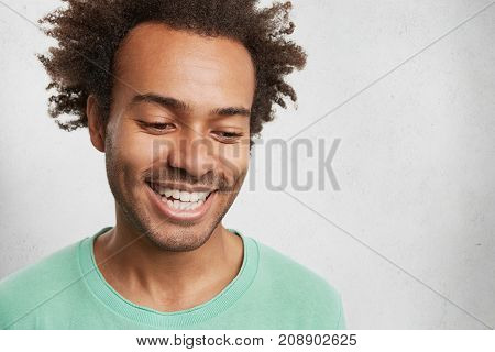 Headshot Of Shy Dark Skinned Male With Crisp Hair, Smiles Broadly ...