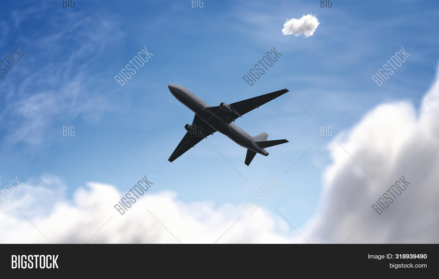 Blank Black Airplane Mockup On Sky Background, Bottom View, Depth Of ...