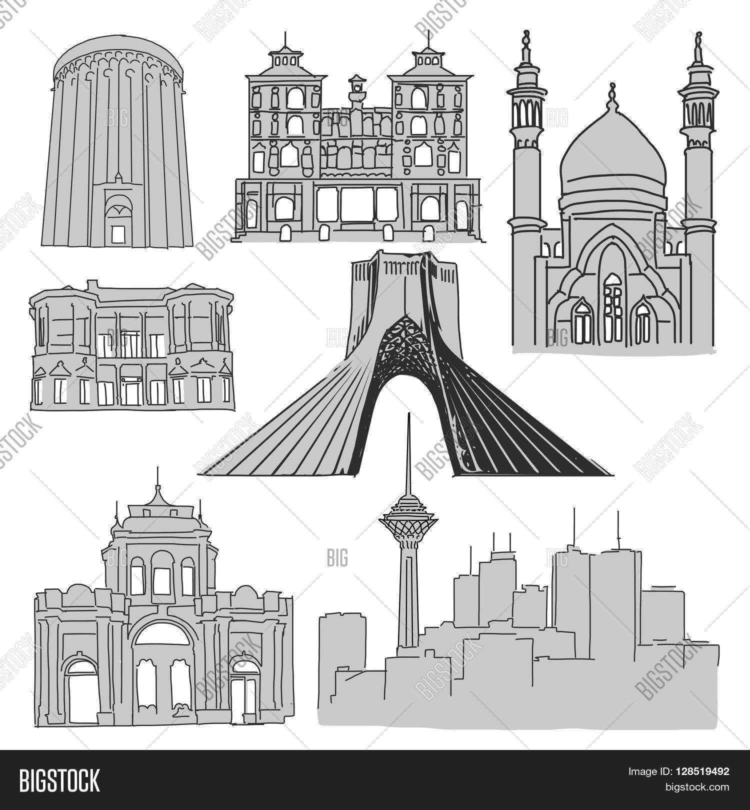 Tehran Famous Buildings, Outline Sketch image & stock photo. 128519492