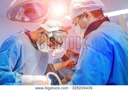 Process Of Surgery Operation Using Laparoscopic Equipment. Group Of ...