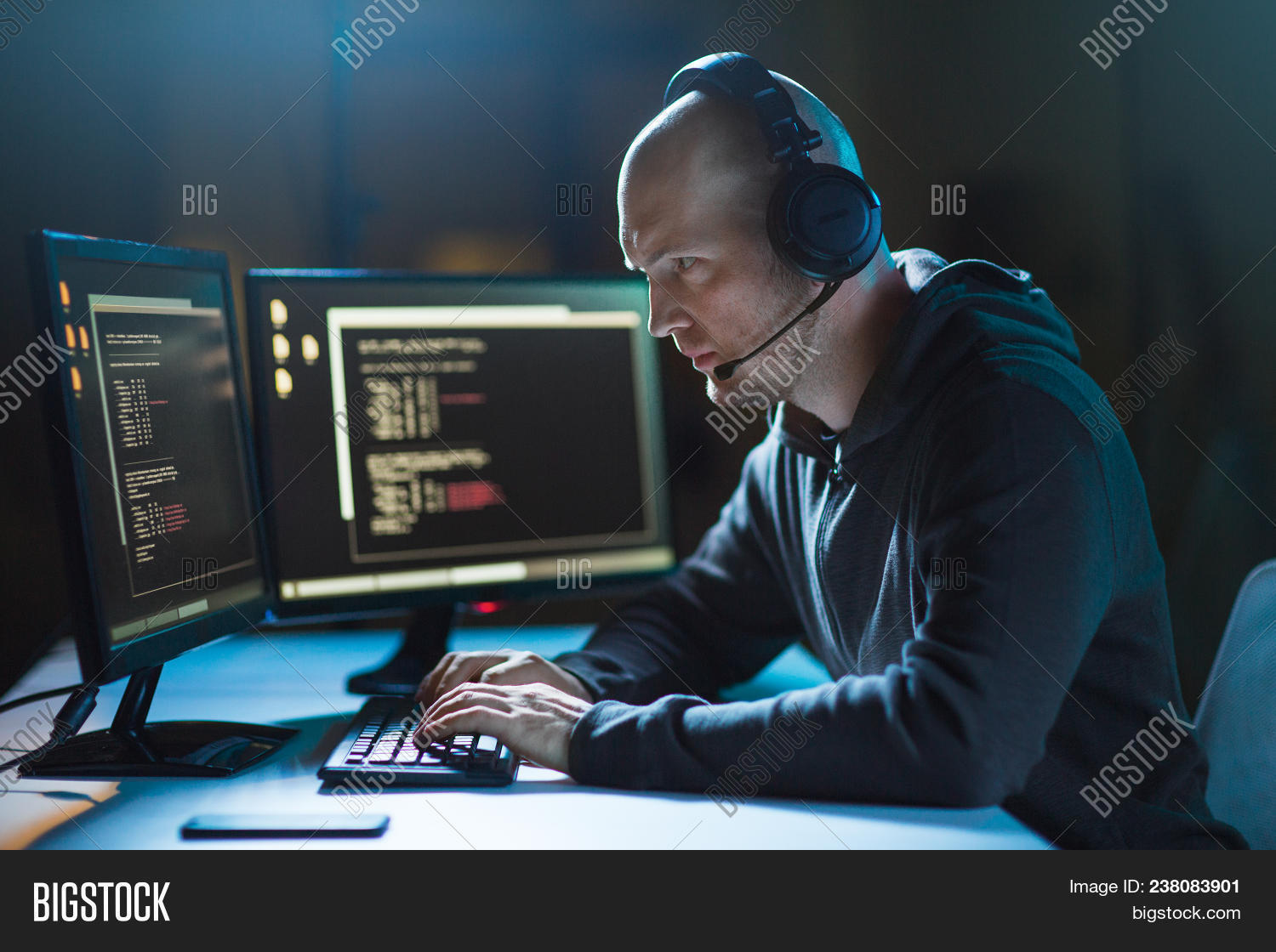 Cybercrime Hacking And Technology Concept Male Hacker With Headset And Coding On Computer