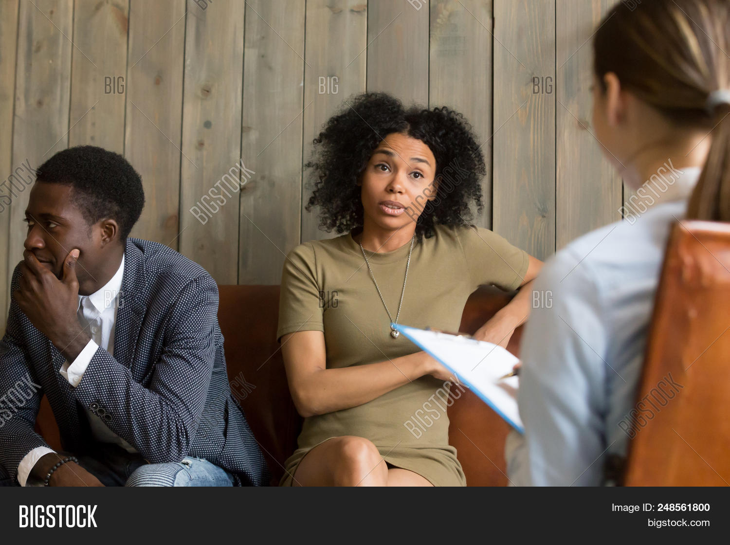 Black Millennial Couple Visiting Therapist Office, Upset African ...