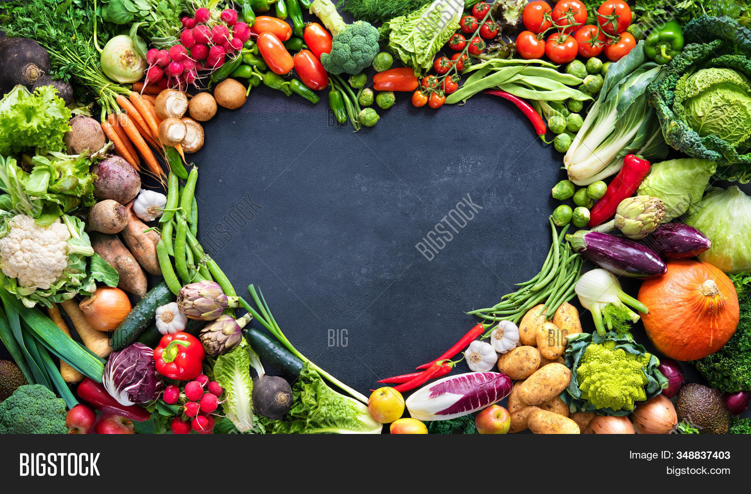 Panoramic colorful food background with assortment of fresh organic ...