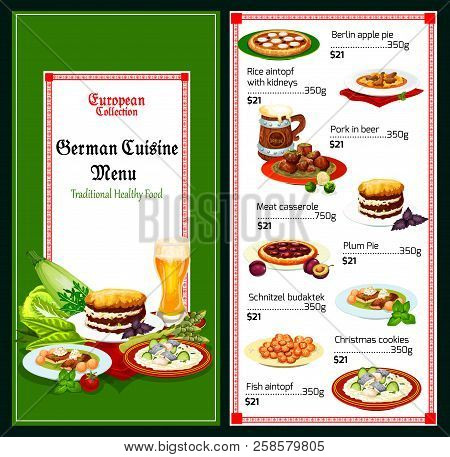 German Restaurant Menu With Meat And Fish Dish Of Bavarian Cuisine ...