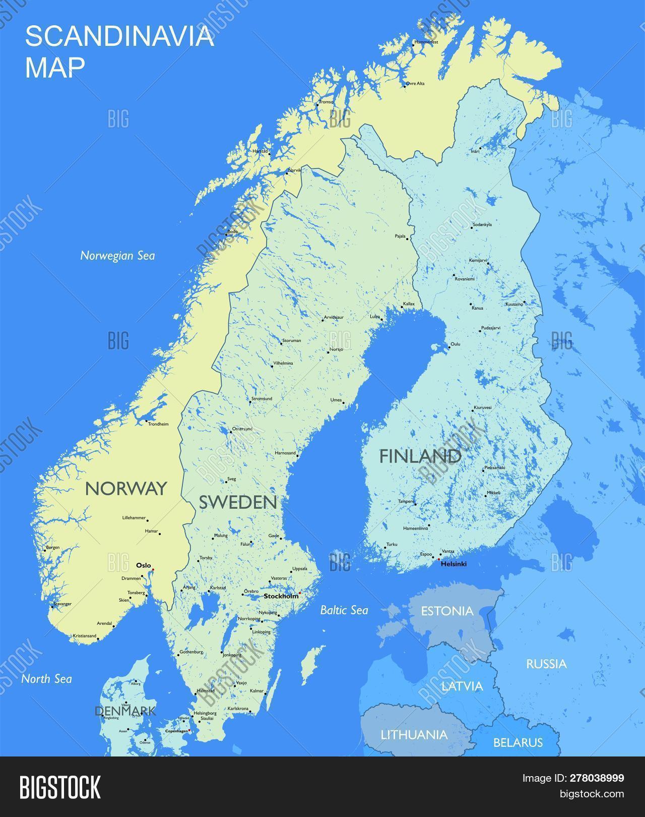 Detailed Scandinavia Map | Vector Political Scandinavia Countries Map ...