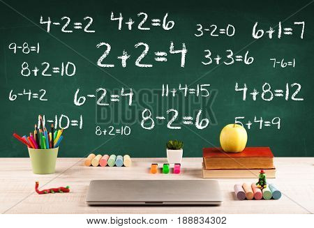 Going back to school concept with blackboard full of numbers and a busy ...