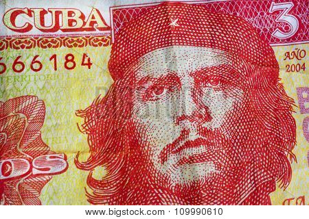 Che Guevara On Yellow Red Banknotes Of Cuba Bank. Texture Of Old Note ...