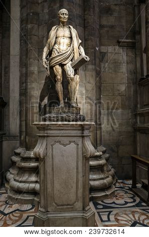 Statue Of St. Bartholomew In Duomo Di Milano Cathedral, Italy image ...