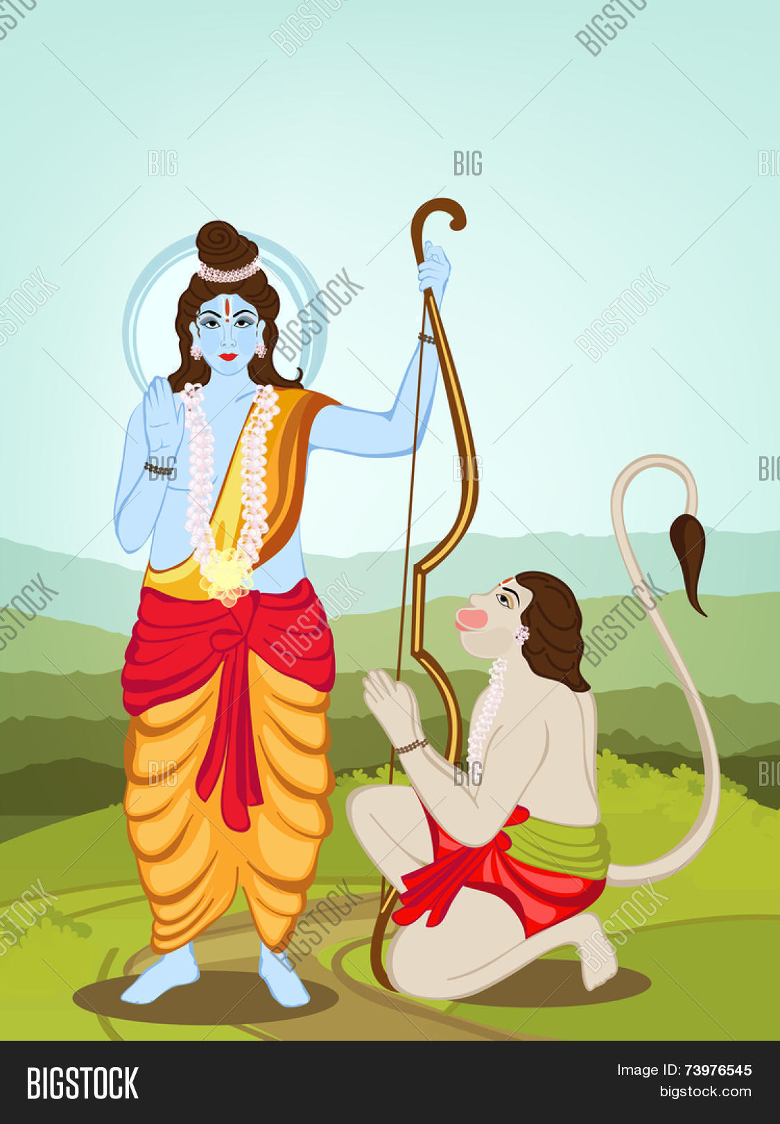 Hindu mythological Lord Rama giving blessings and Hanuman on nature ...