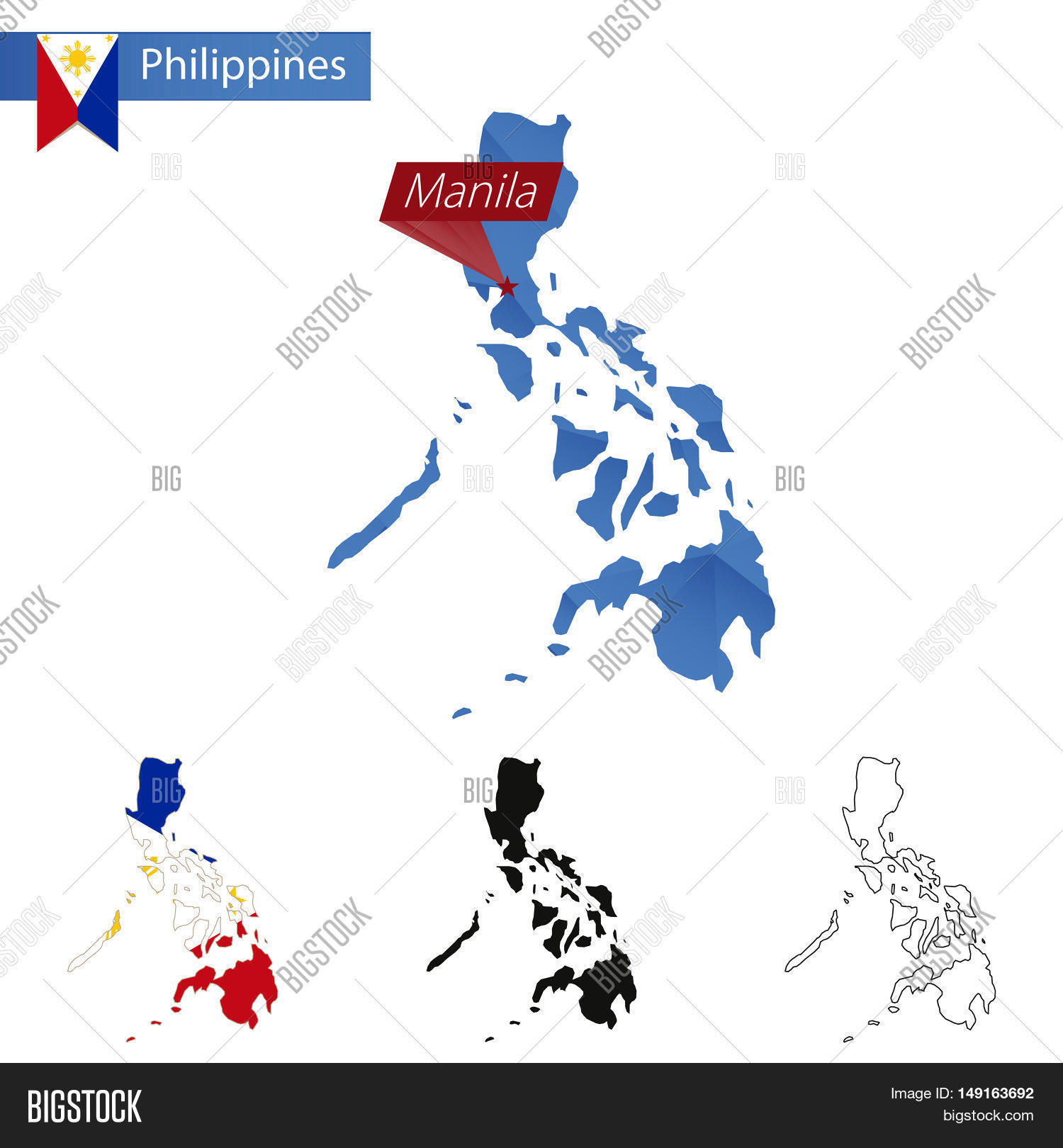 Philippines Blue Low Poly Map With Capital Manila. image & stock photo ...