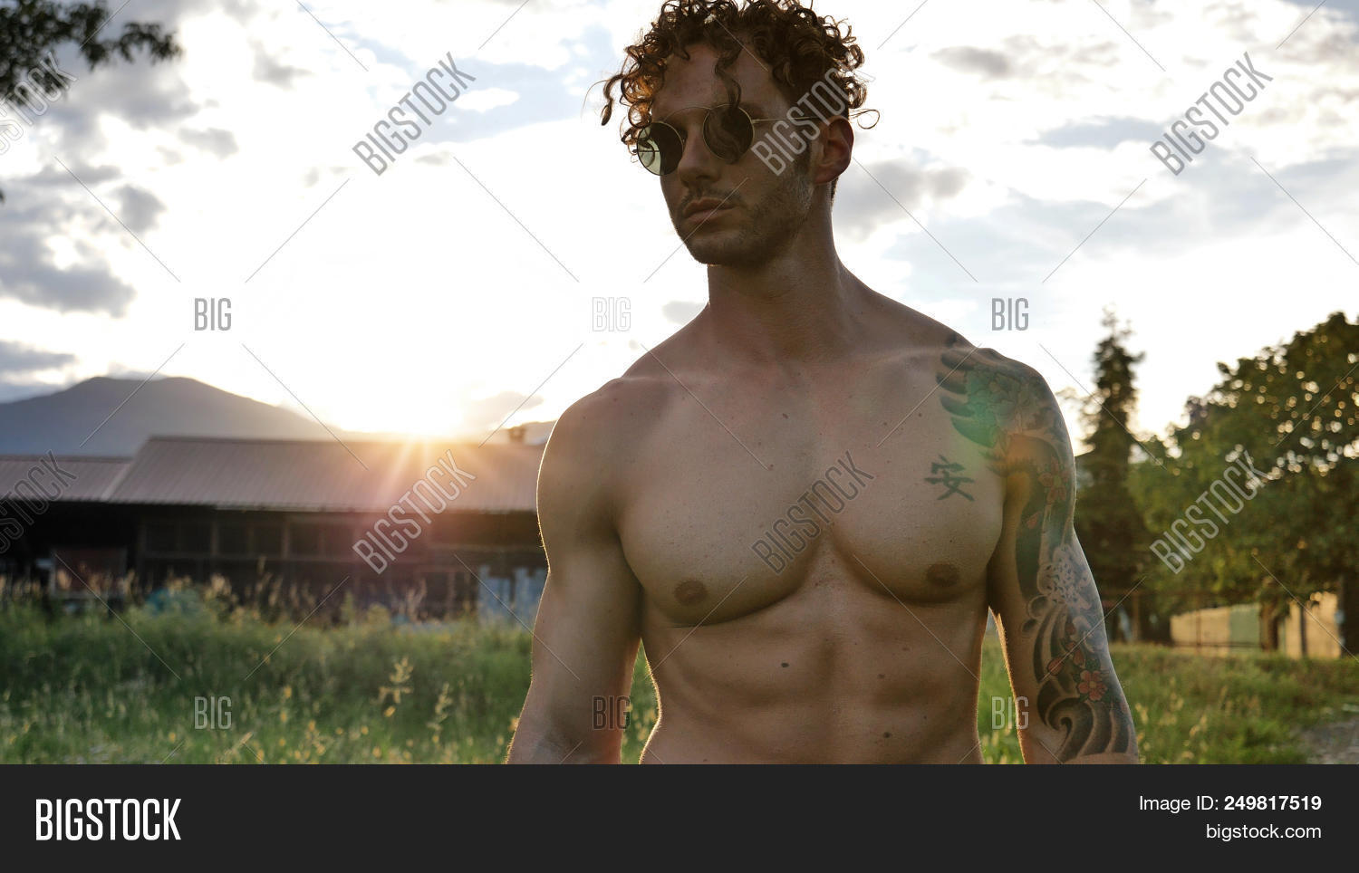 Handsome Muscular Shirtless Hunk Man Outdoor In Country Standing On ...