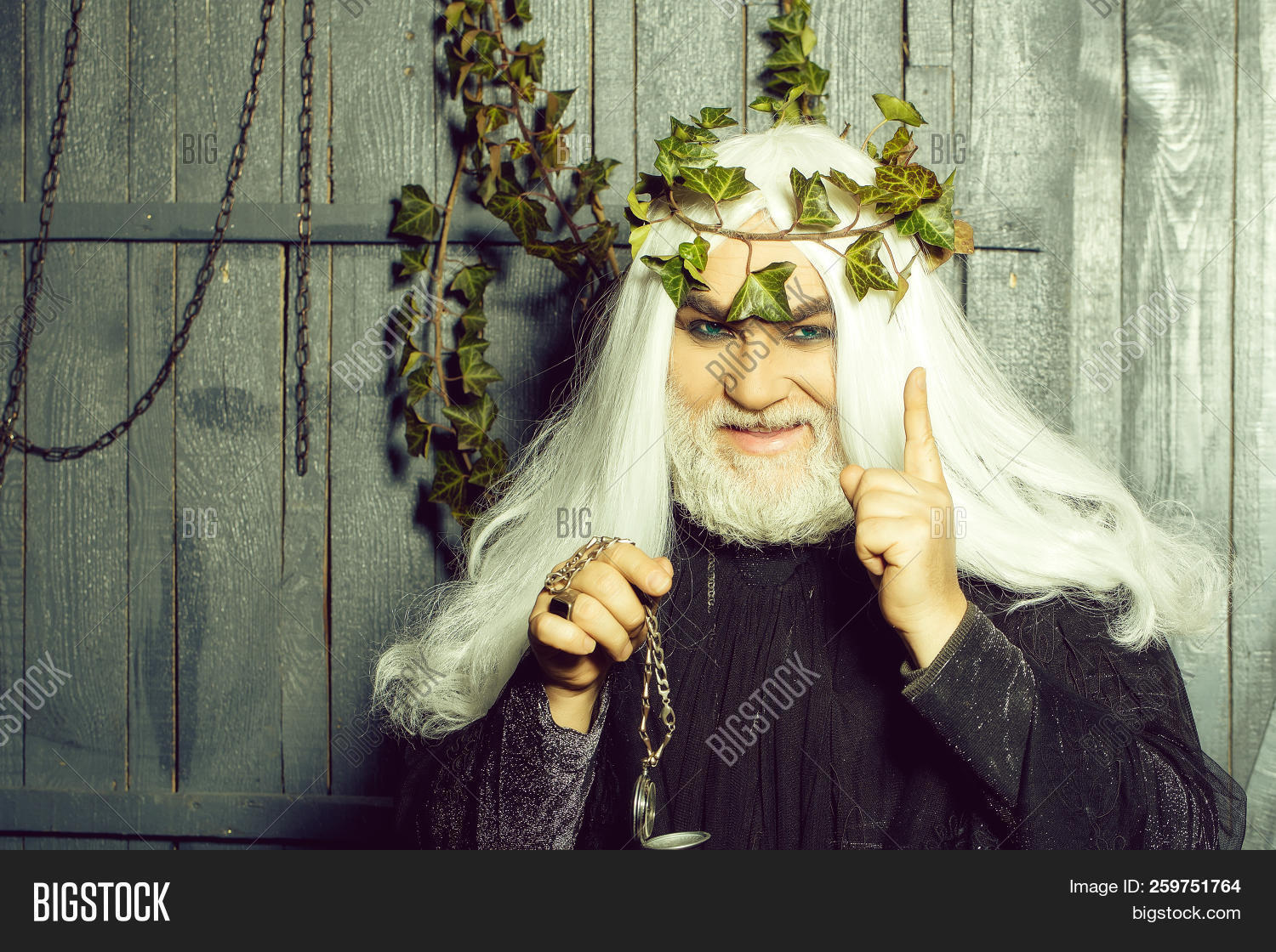 Bearded Senior Sly Strange Man Wizard In Long White Wig Vine Crown As ...