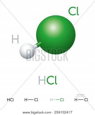 Hcl. Hydrogen Chloride. Molecule Model, Chemical Formula, Ball-and ...