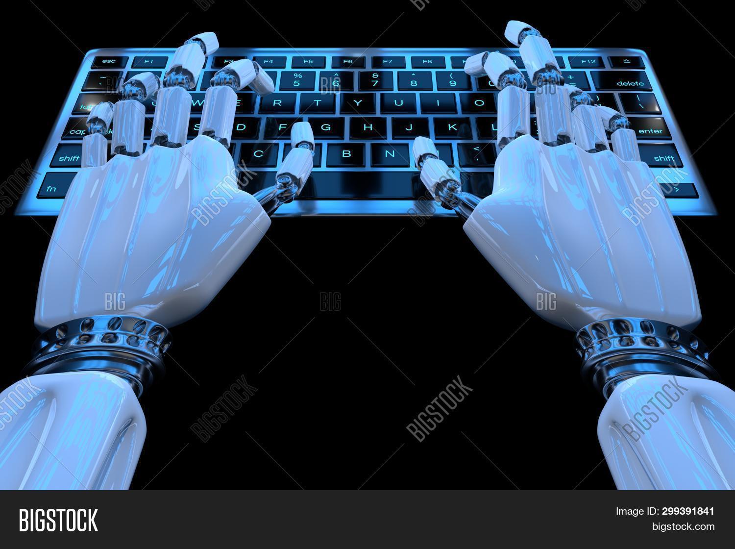 Hands Of Ai Robot Typing On Keypad. Robotic Arm Cyborg Hand Using ...