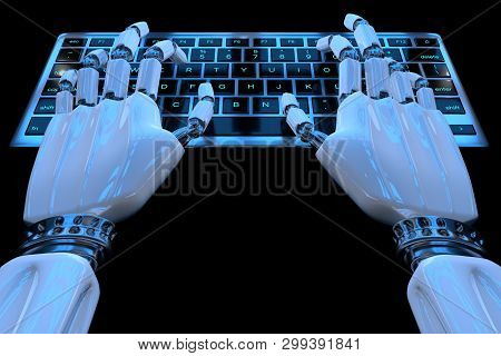 Hands Of Ai Robot Typing On Keypad. Robotic Arm Cyborg Hand Using Keyboard Computer. 3d Render ...